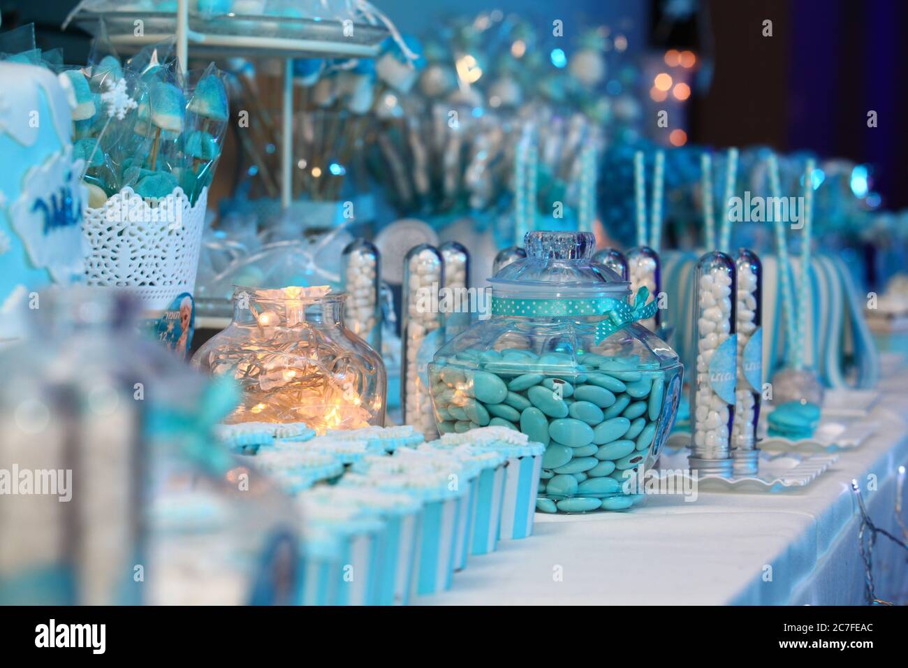 A buffet of blue and purple sweets and candy Stock Photo - Alamy