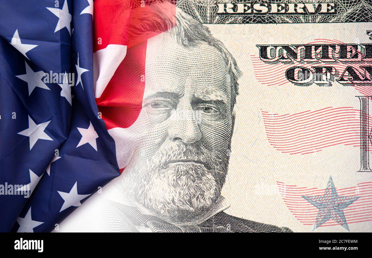 USA American flag and 50 dollars banknotes as background with portrait ...
