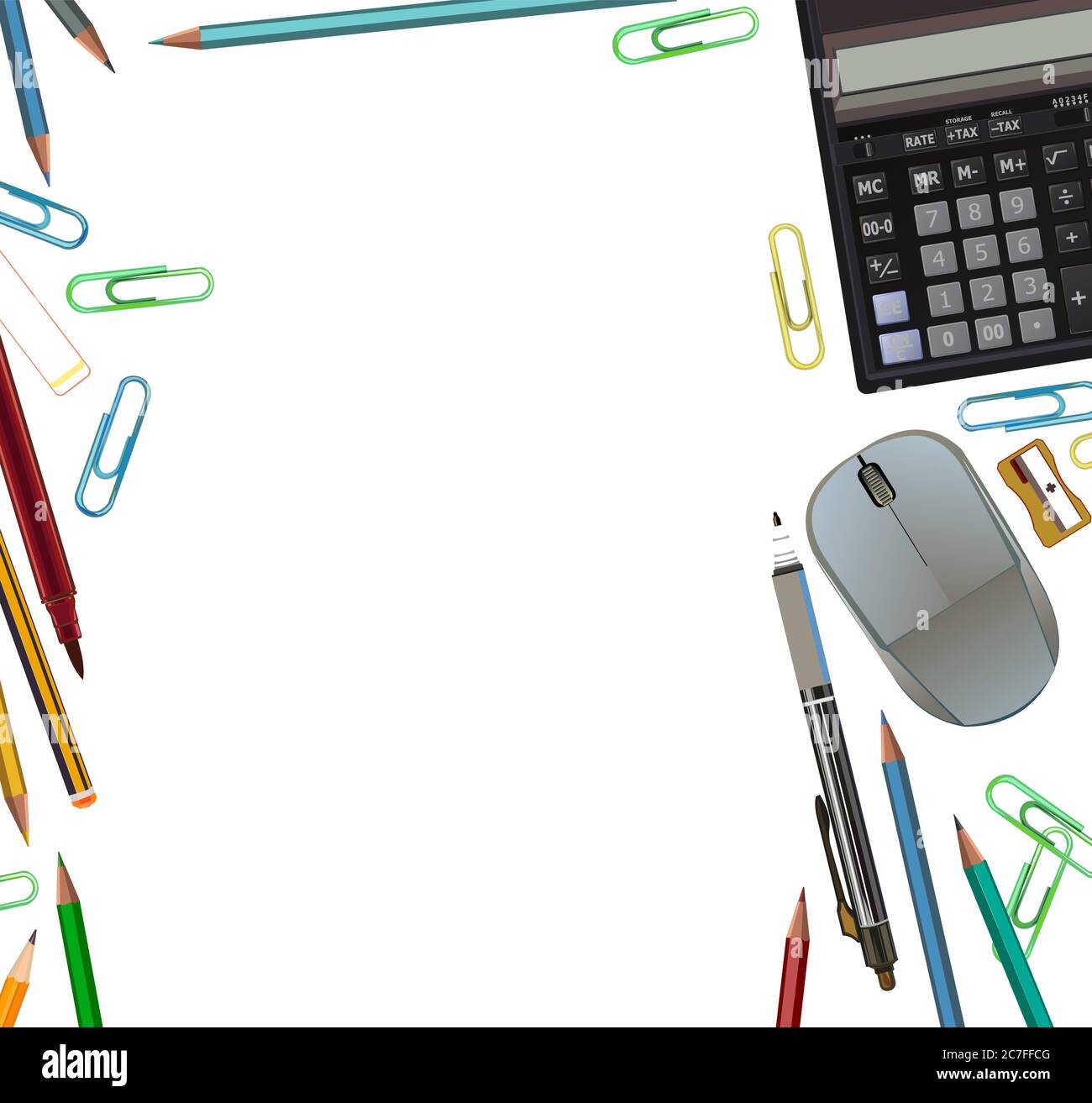Office desktop computer. Desk top view background vector. Supplies ...