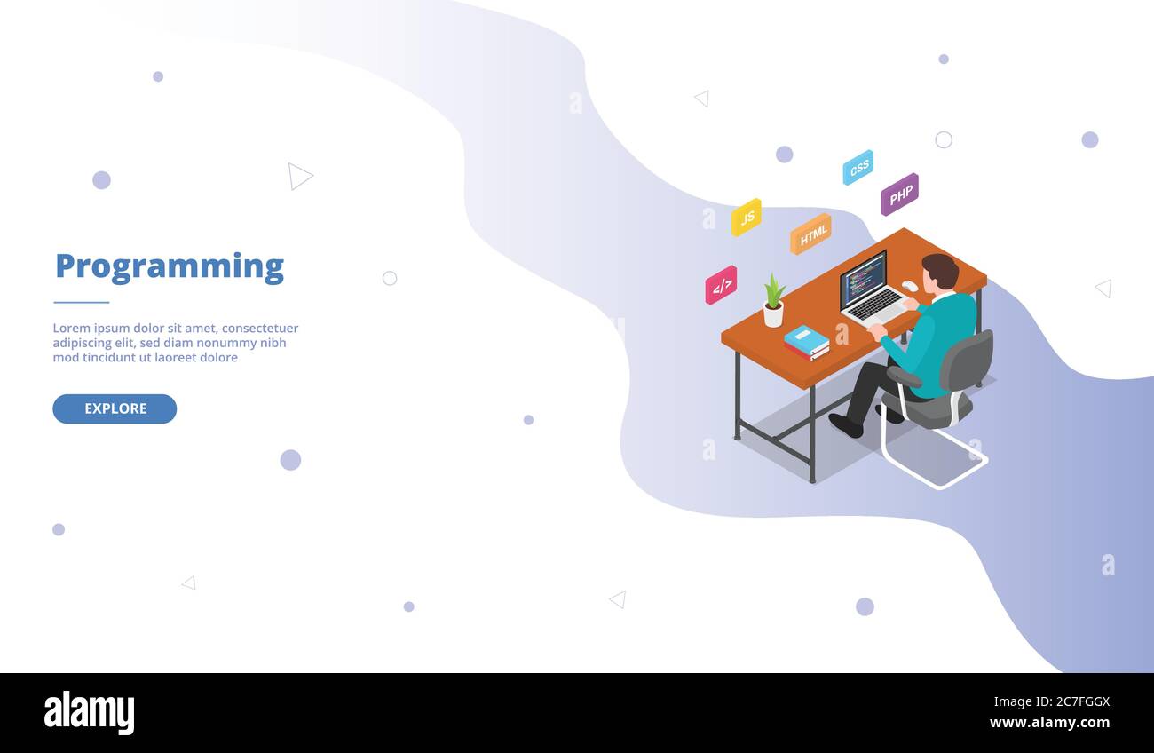 Programing man sitting chair work on laptop campaign for web website ...