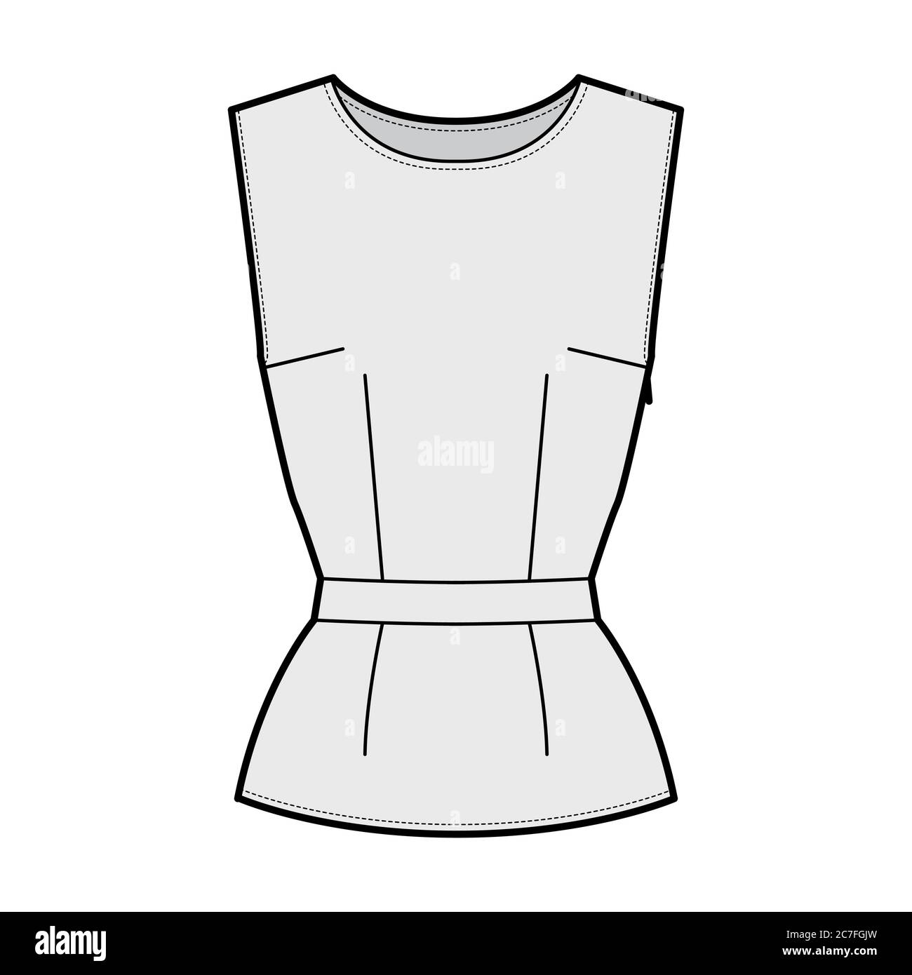 Belted top technical fashion illustration with round neck, sleeveless ...