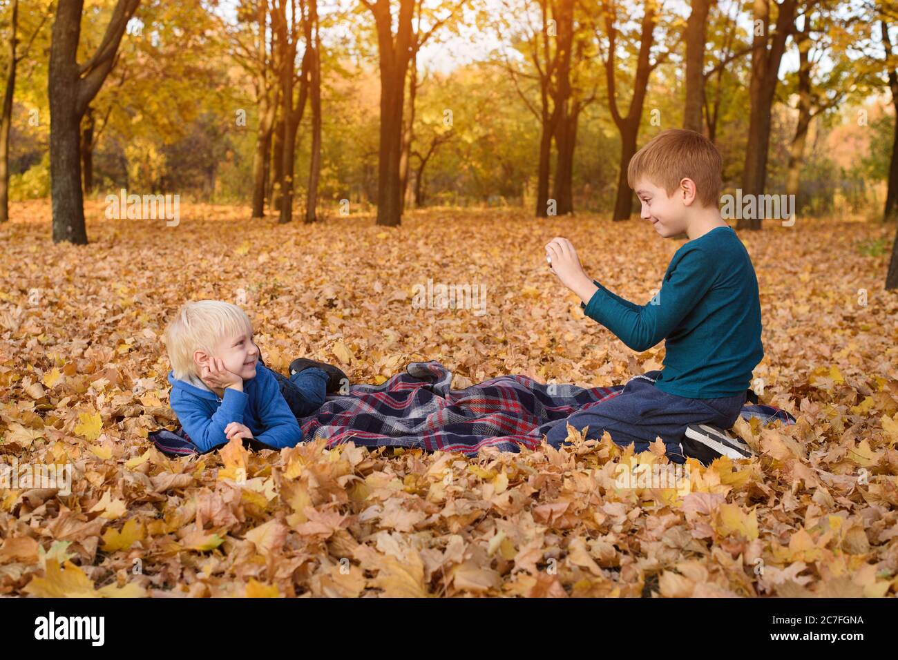 Two little brothers take pictures of each other, lying in yellow autumn ...