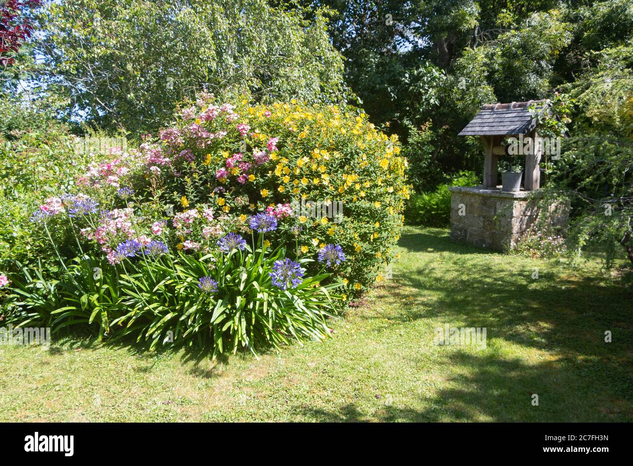 Detail of a landscaped garden with a well, trees and flowers Stock ...