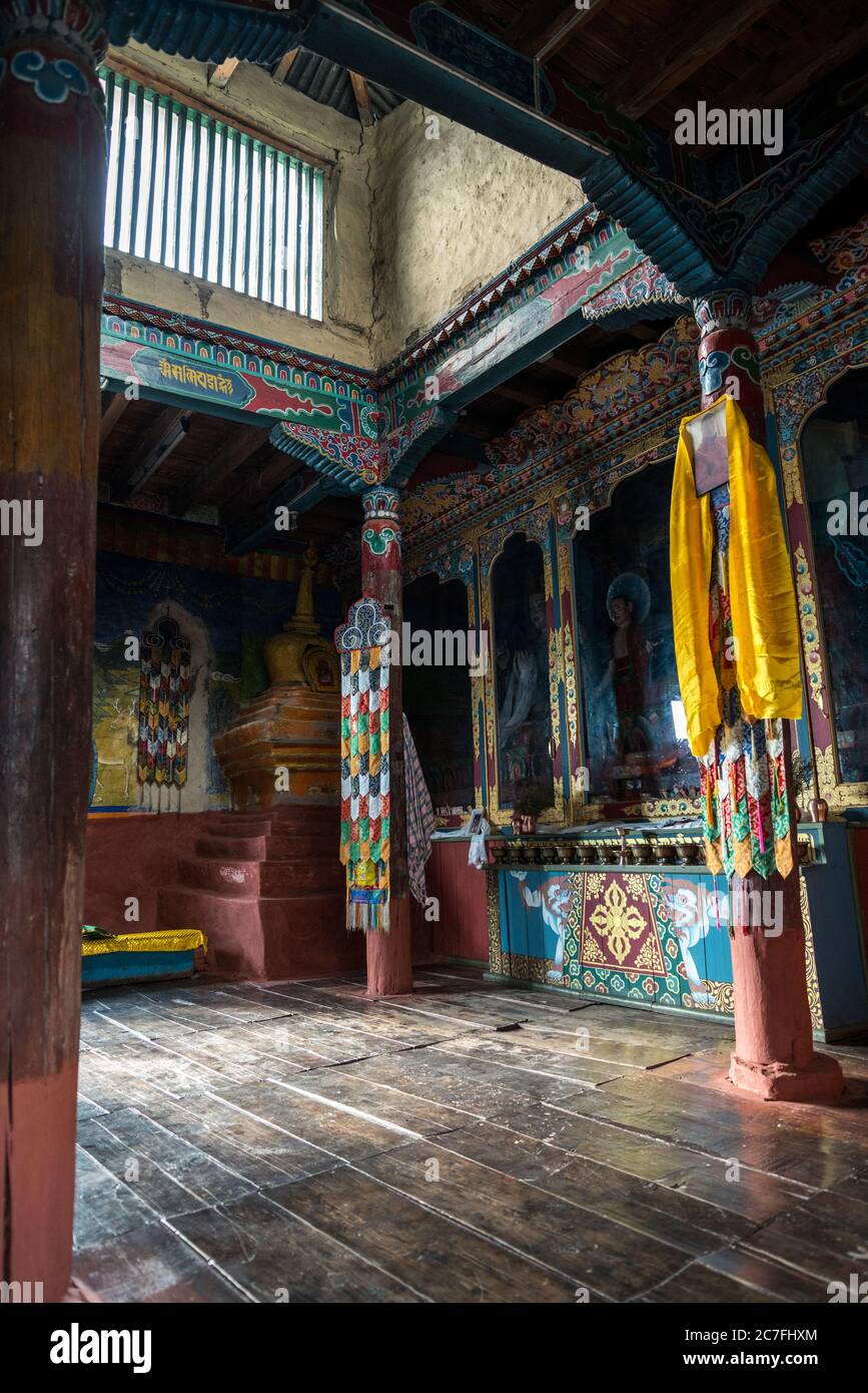 Interior of buddhist temple Samba Gompa in Muktinath, Lower Mustang ...