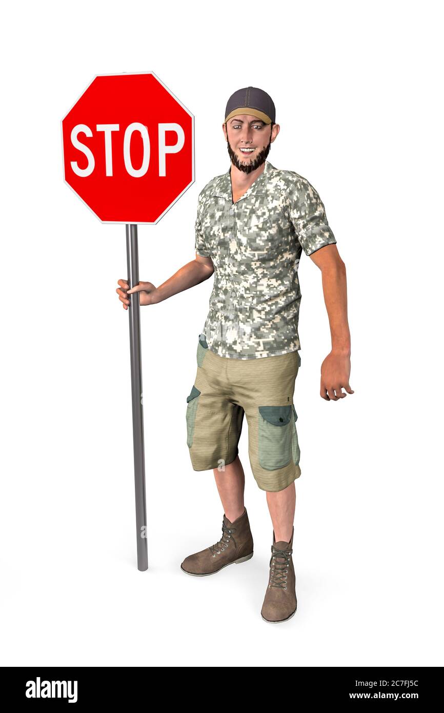 A man stands with a stop sign in his hand smiling and looks straight at ...