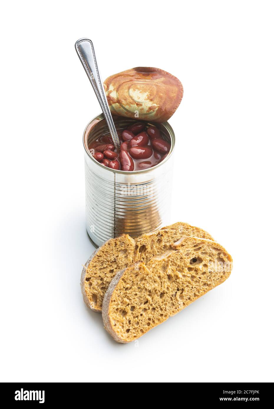 Canned red beans in tomato sauce in tin can and bread isolated on white ...