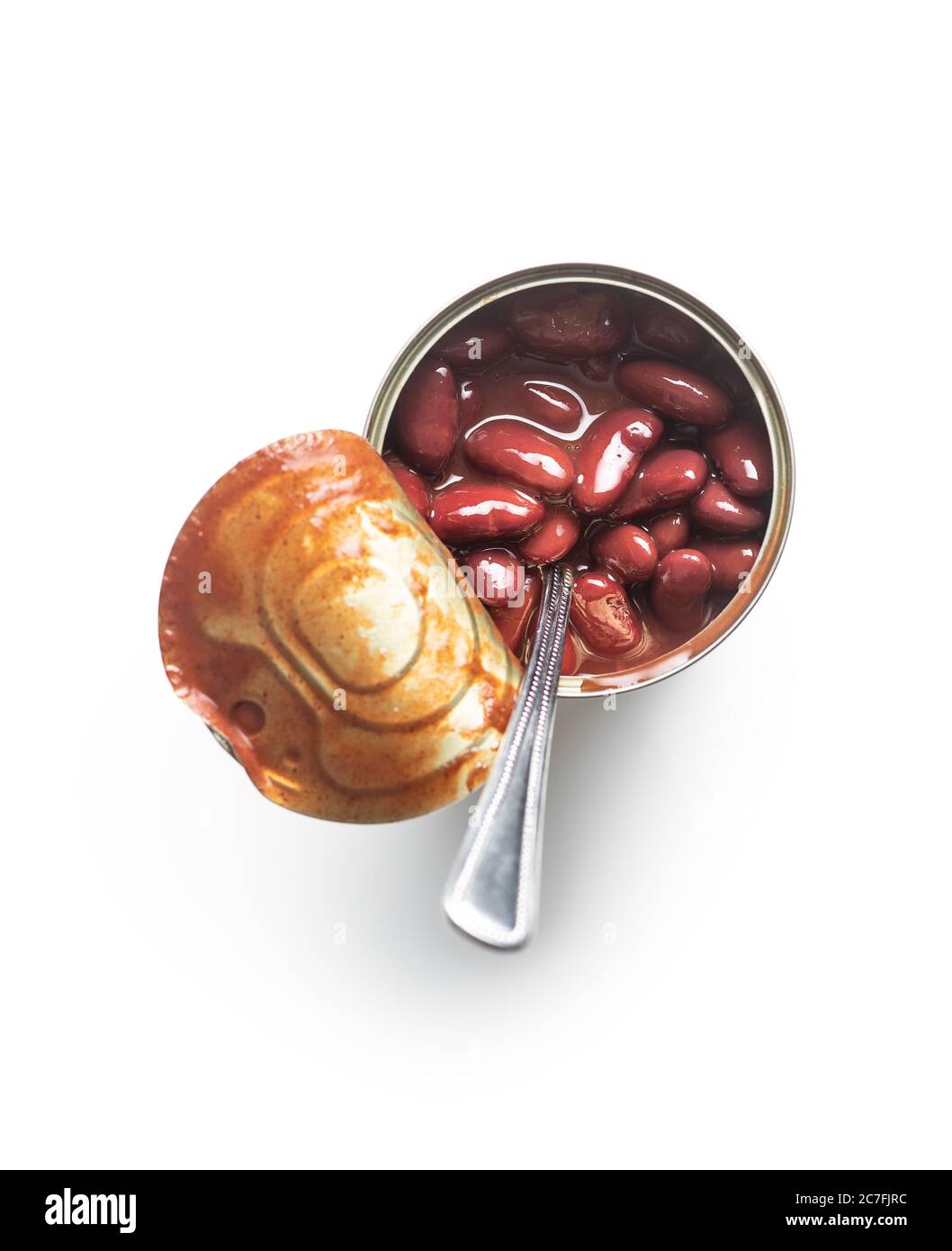 Canned red beans in tomato sauce in tin can isolated on white ...