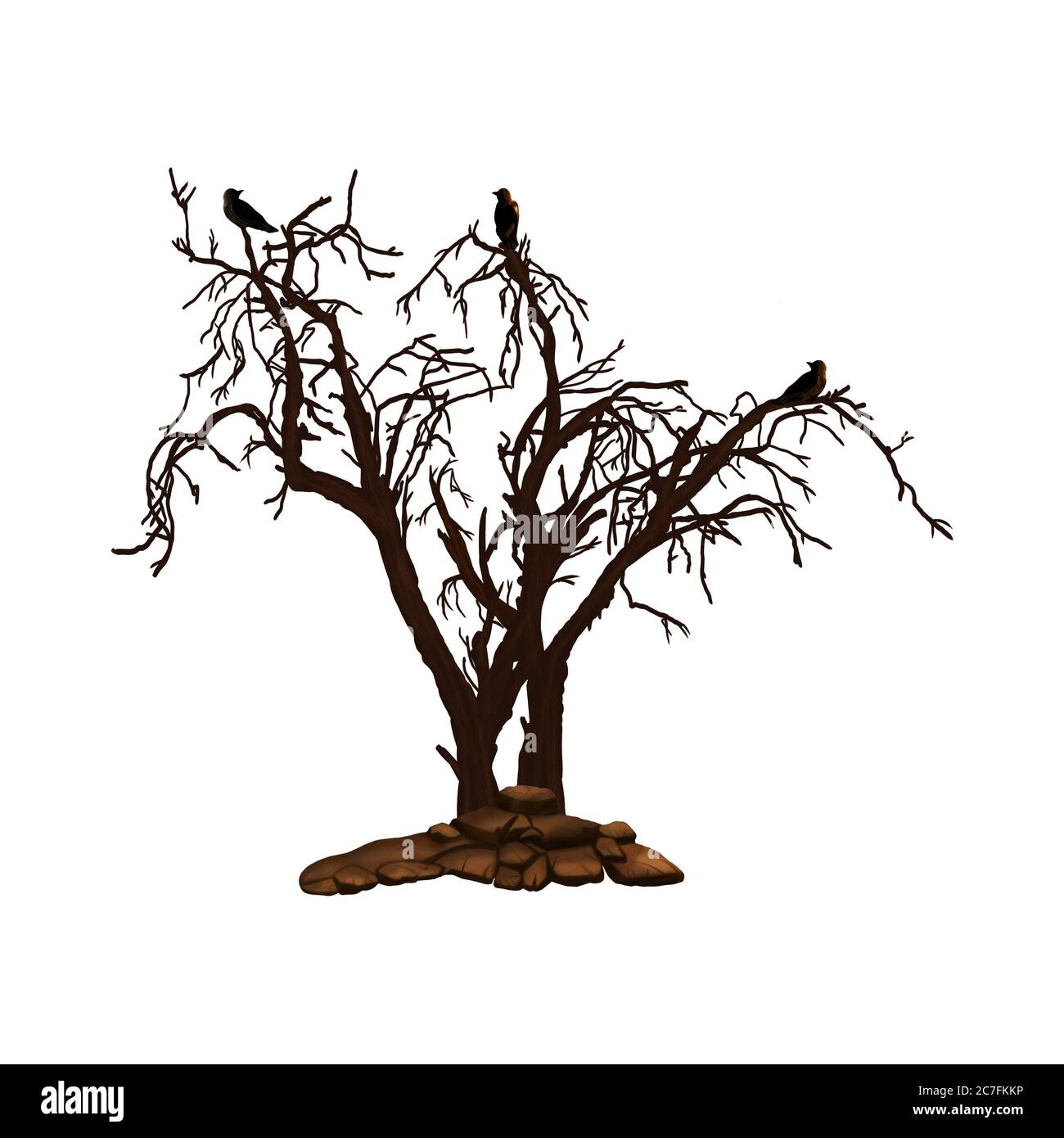 Dry tree and ravens isolated on a white background. Illustration Stock ...