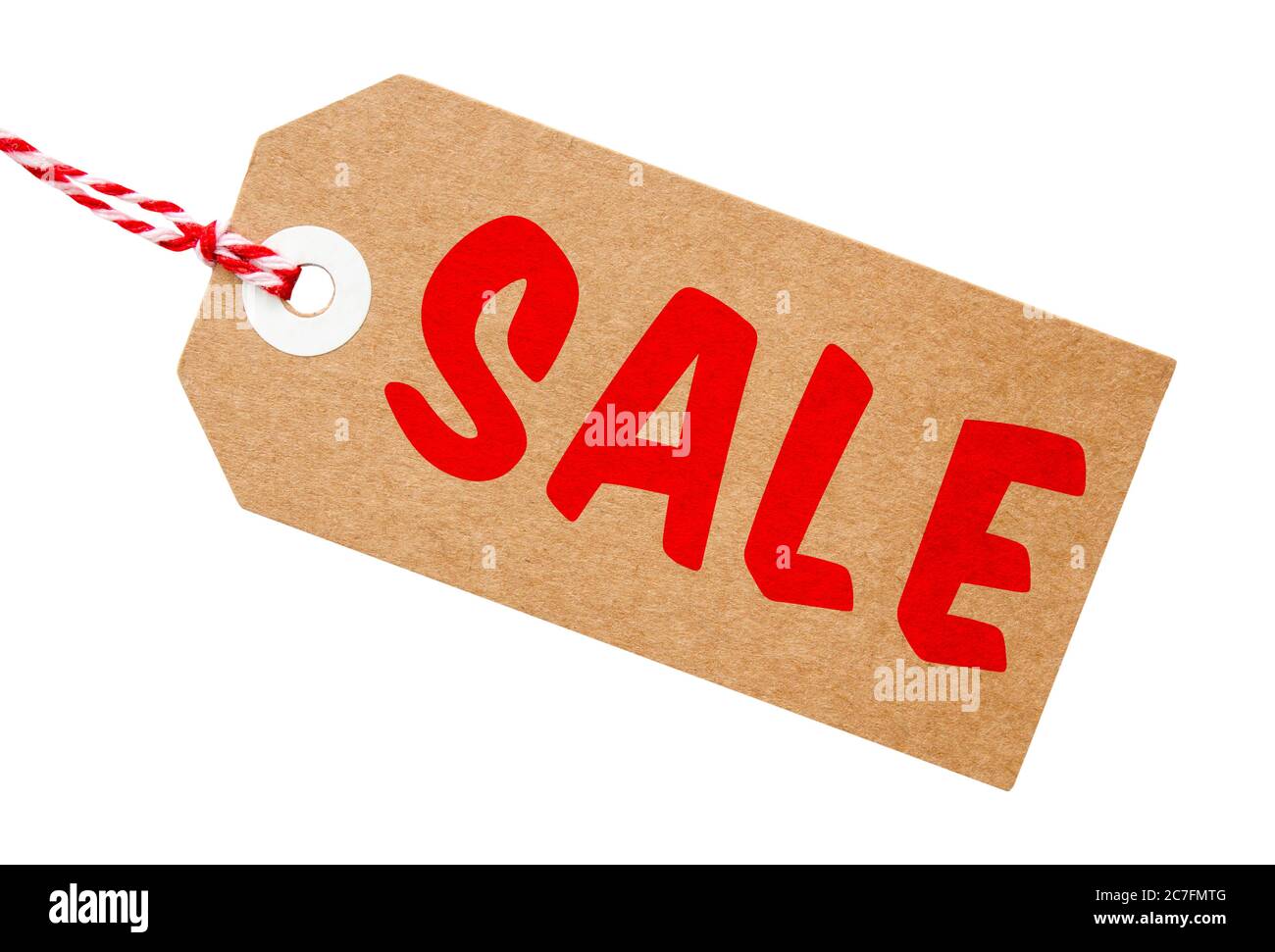 Sale tag made from recycled card with string on an isolated white ...