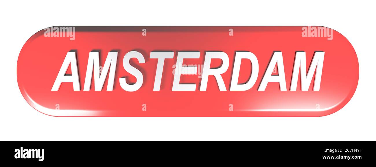 AMSTERDAM red rounded rectangle push button - 3D rendering illustration ...