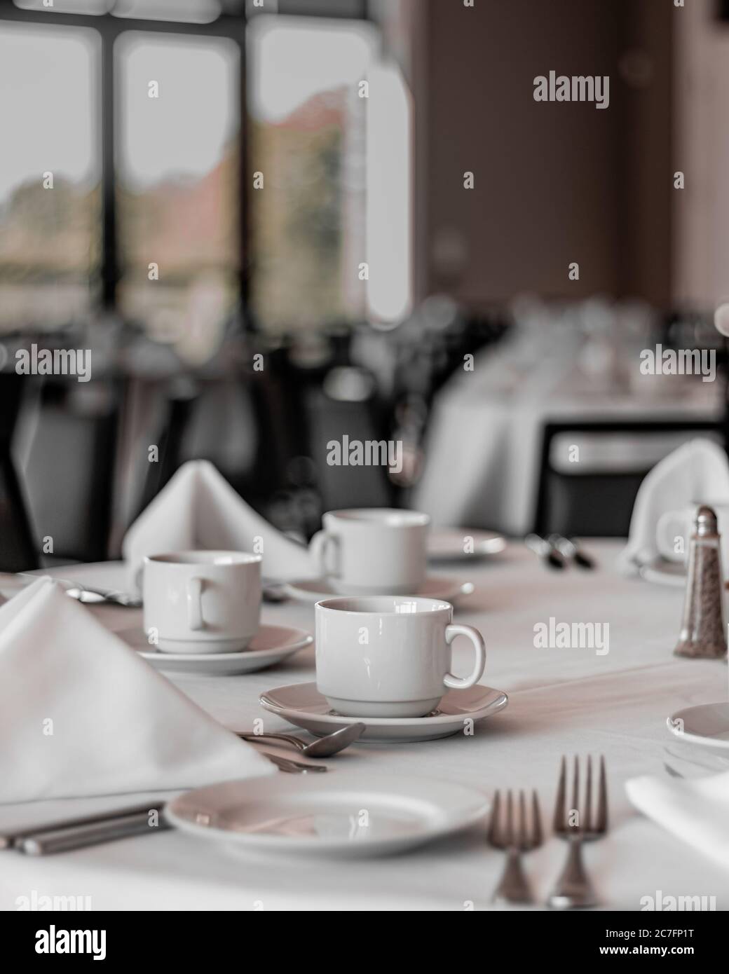 Vertical shot of neat tables in a nice, empty and clean restaurant ...