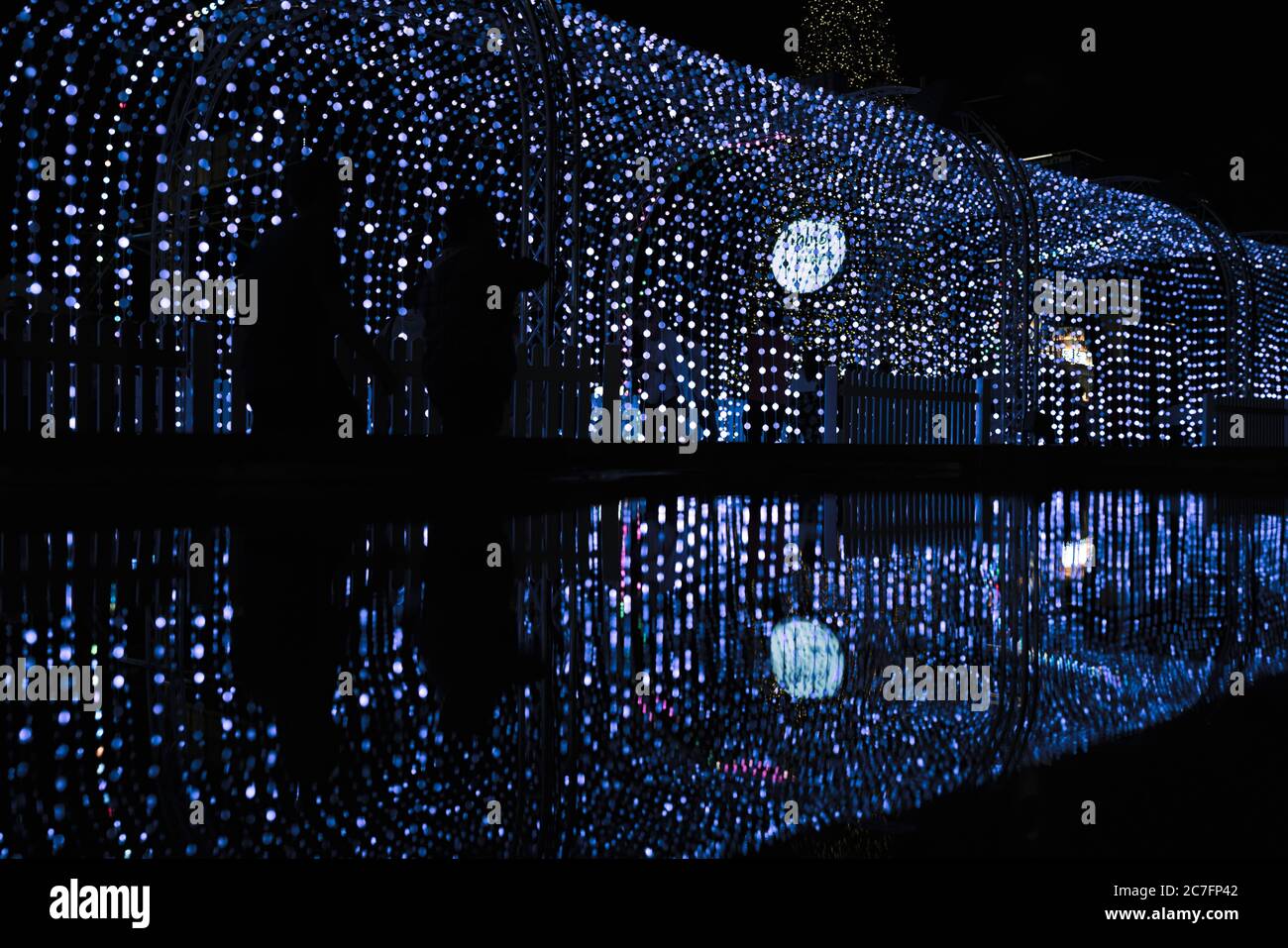 Low angle shot of beautiful blue Christmas lights in the city of Perth ...