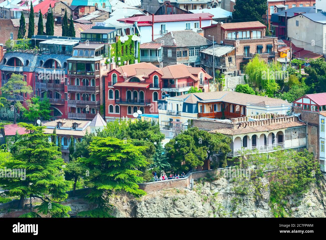 aerial view with houses with traditional wooden carving balconies of ...