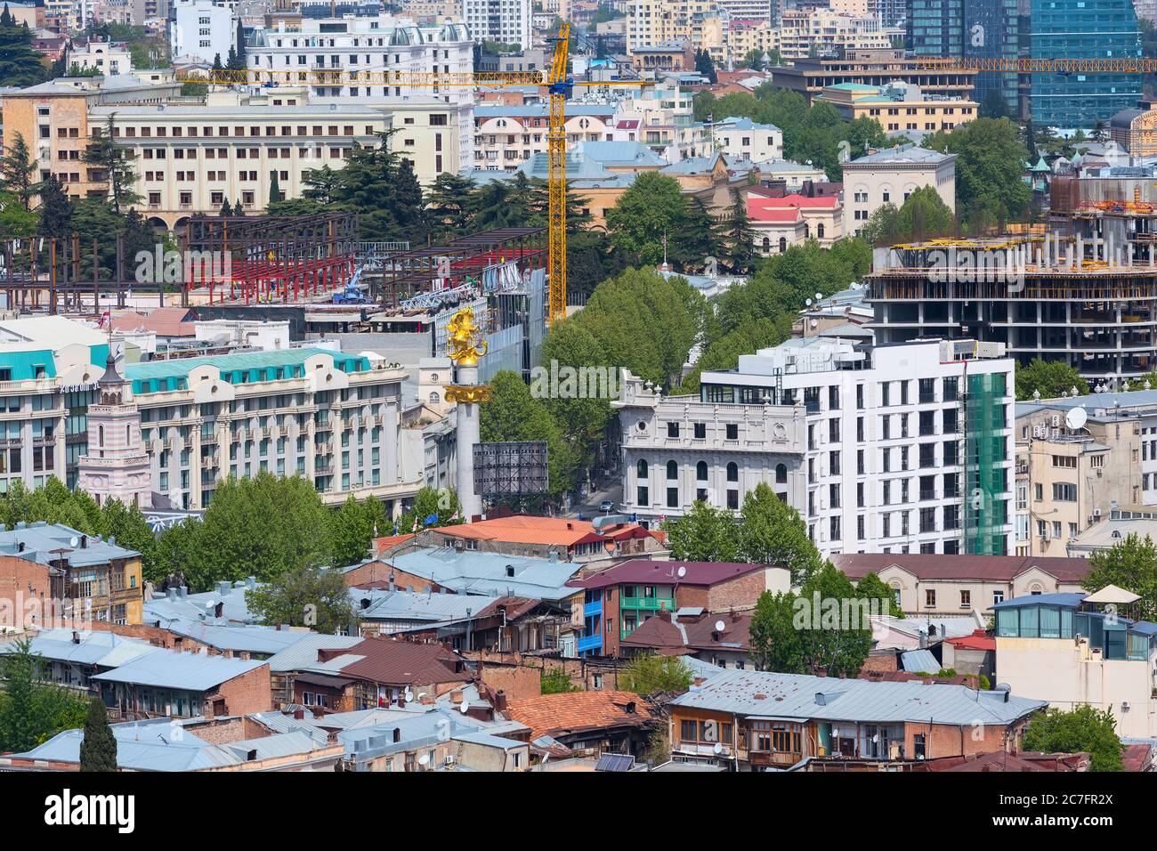 Aerial view with st george golden statue at Freedom square in Tbilisi ...