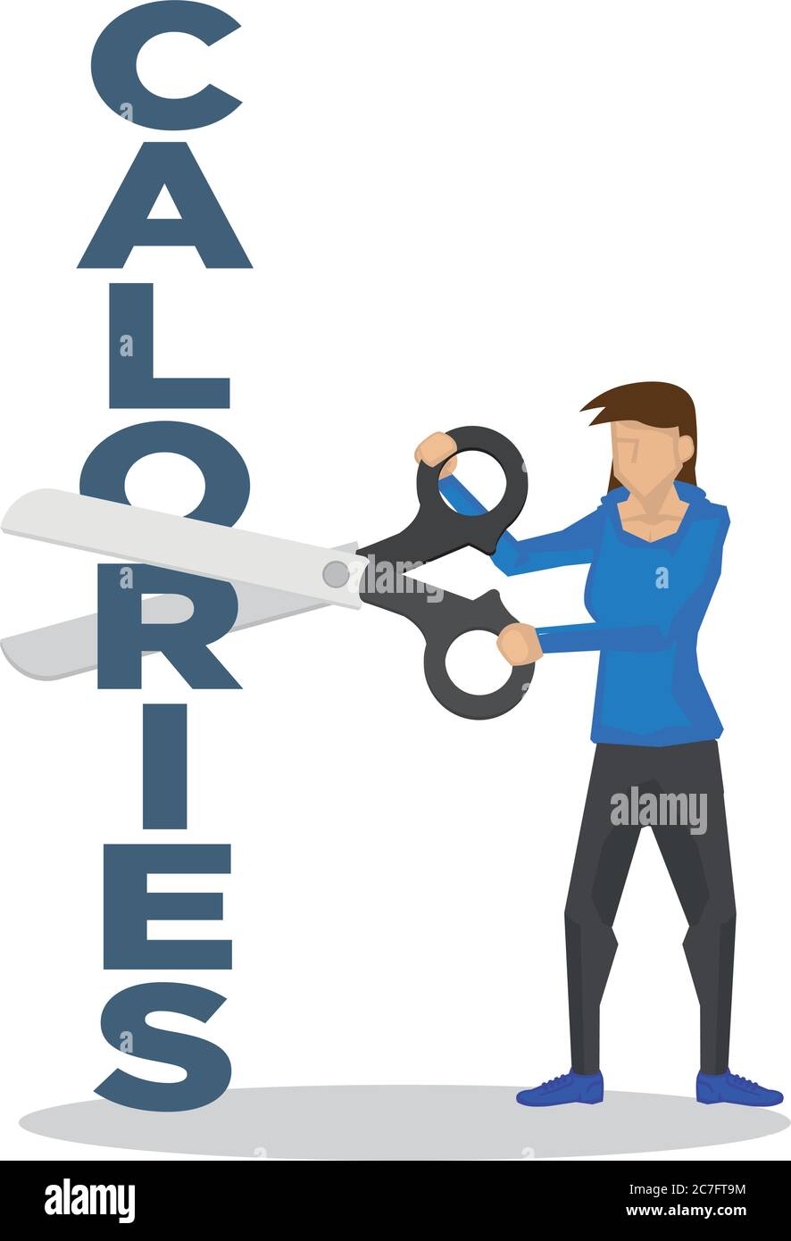 Girl using a giant scissor to cut a Calories block. Concept of weight ...