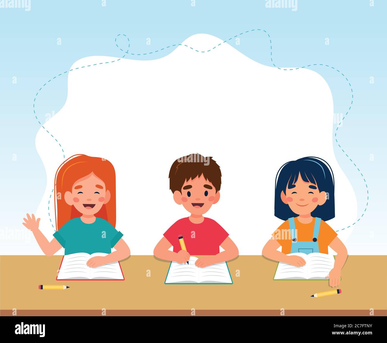 Children in class reading and writing, back to school concept, cute ...