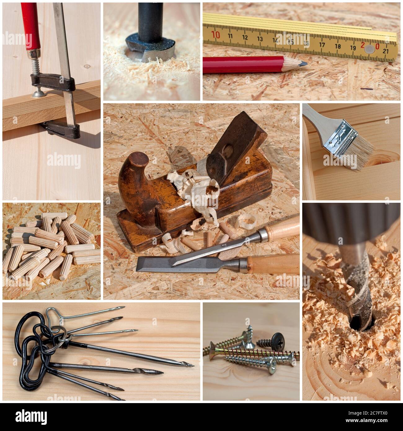 Carpenter's utensils in a collage Stock Photo - Alamy