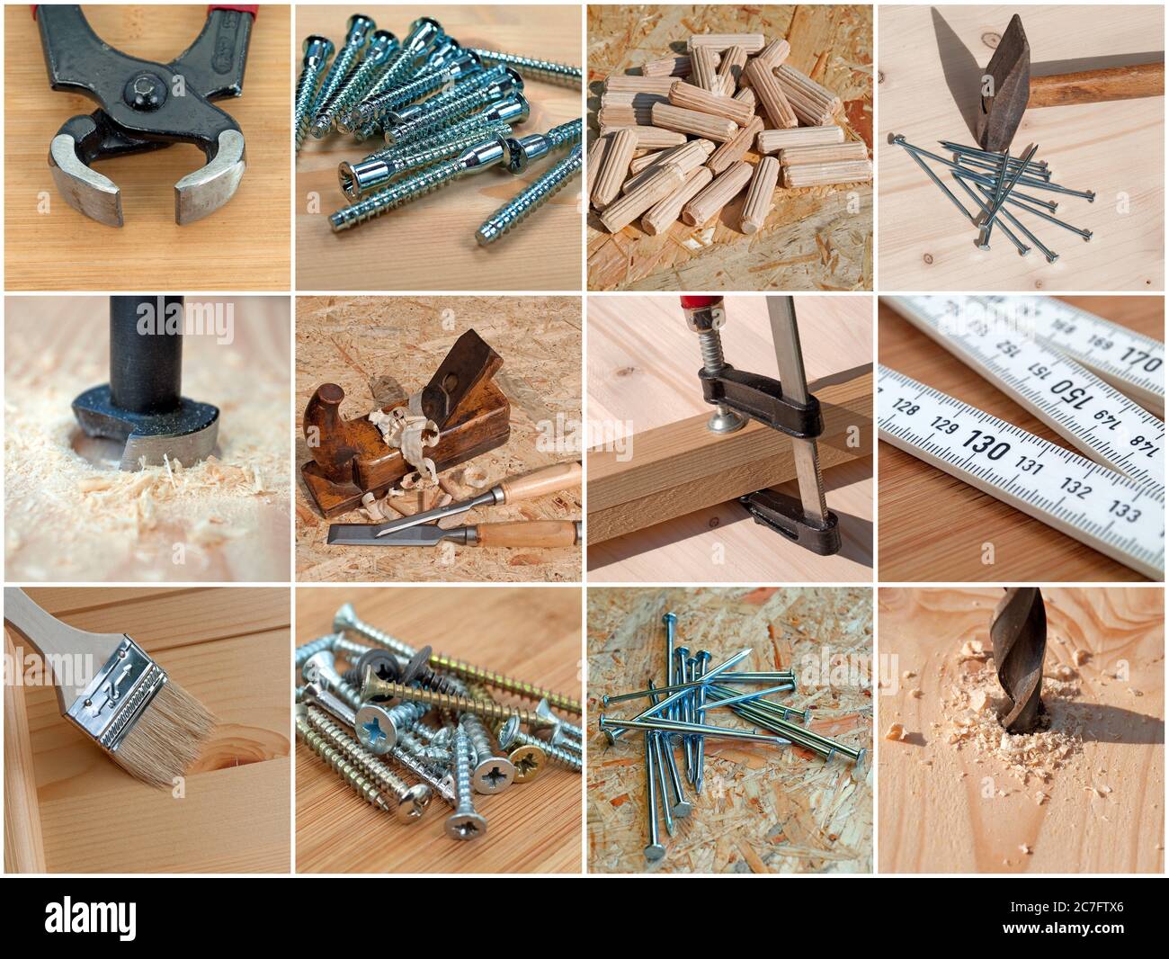 Carpenter's utensils in a collage Stock Photo - Alamy