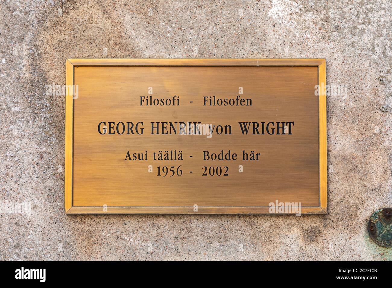 Philosopher Georg von Wright lived here 1956-2002. Metal placard on an ...