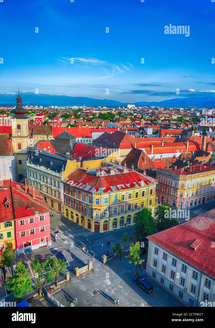 Holy Trinity Church and Council Tower in Sibiu city, view from the bell ...
