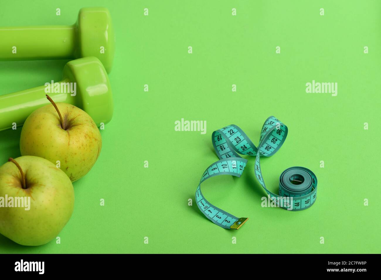 Healthy lifestyle concept. Sports regime symbols. Tape measure in cyan ...