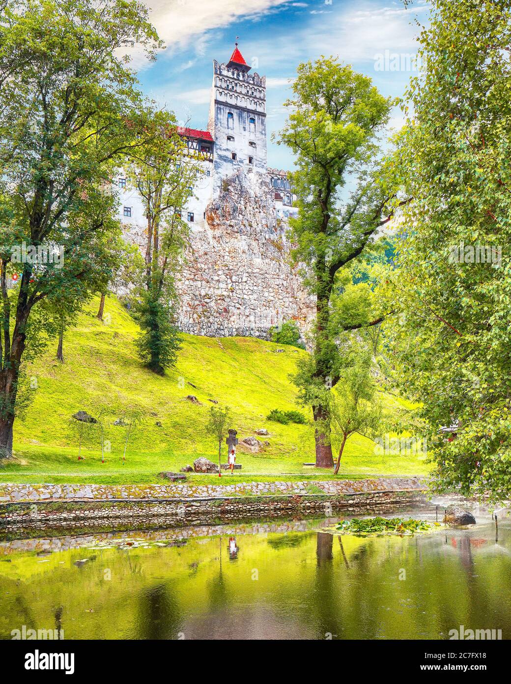 Landscape with medieval Bran castle known for the myth of Dracula. Bran ...