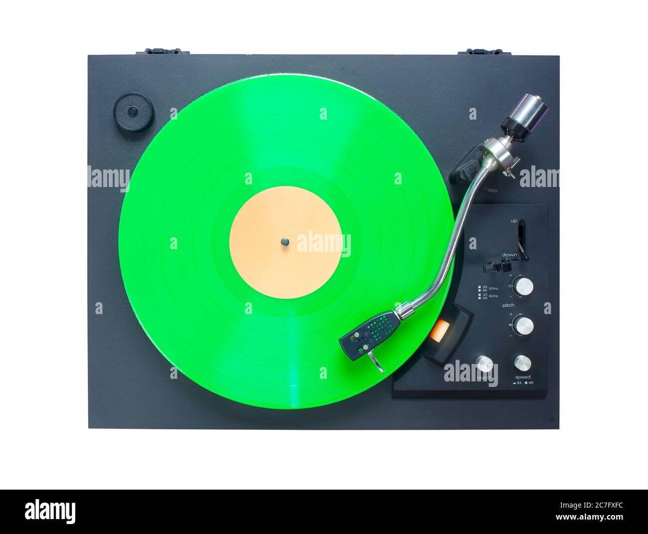 Classic turntable with green vinyl record, isolated on white baclground ...