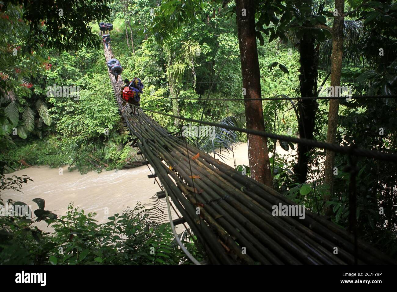 Visitors and guides crossing a river through a suspension bridge in ...
