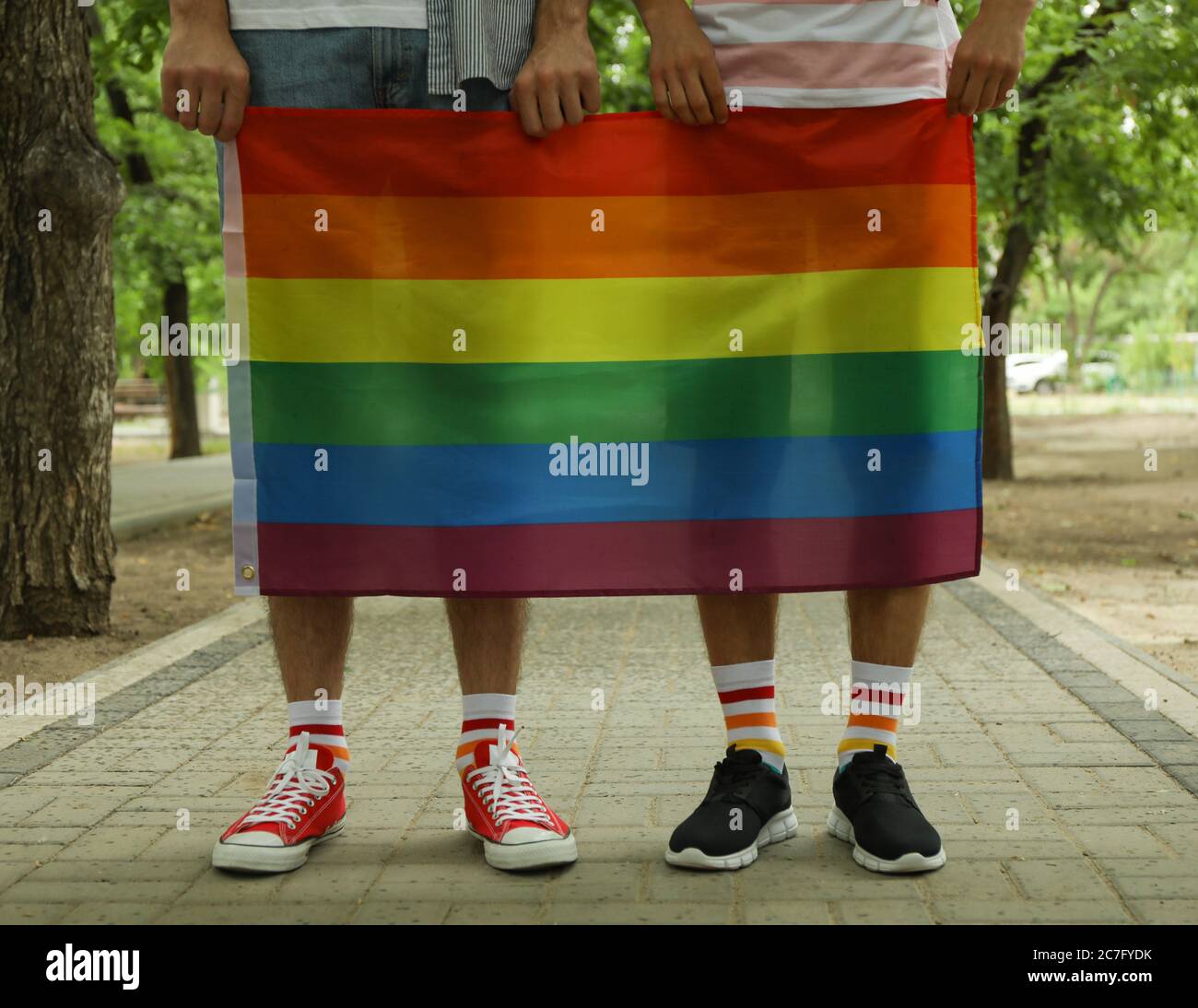 Young men with LGBT flag standing outdoor Stock Photo - Alamy