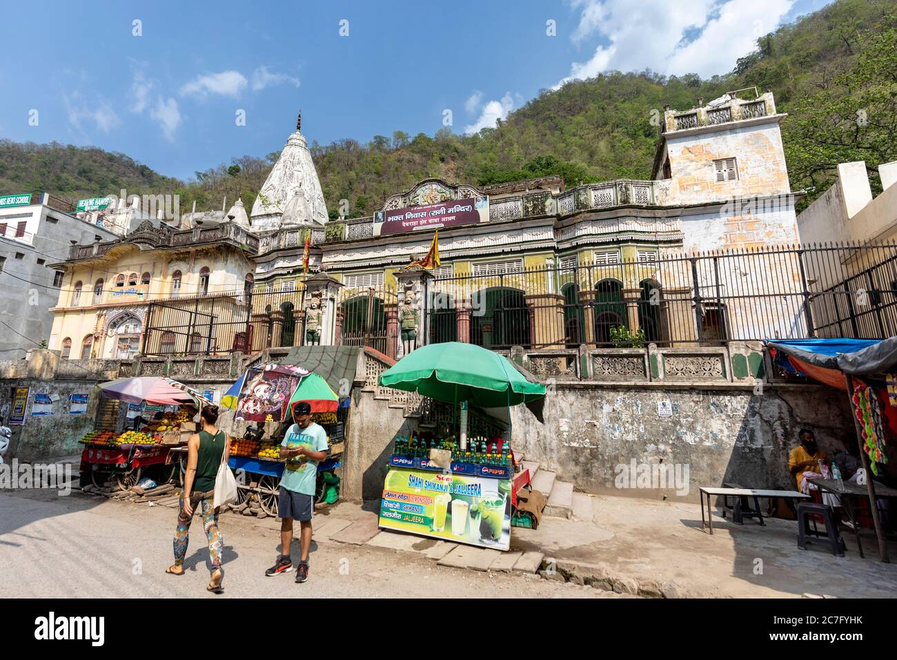 View of a local temple named Rani Mandir in the holy town of Rishikesh ...