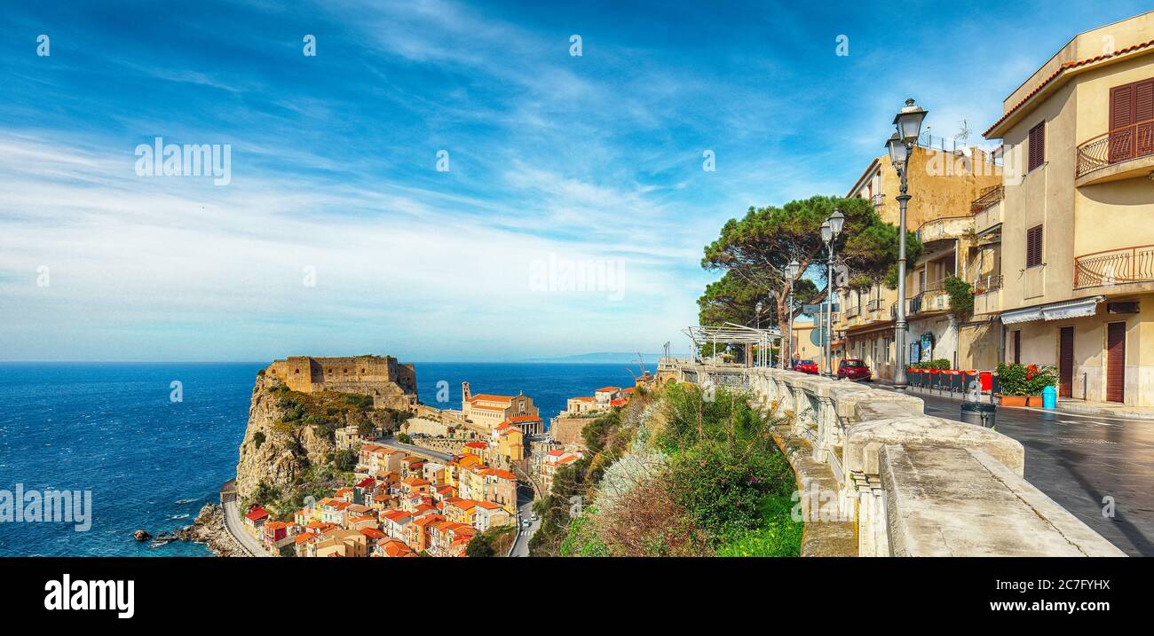Beautiful seaside town village Scilla with old medieval castle on rock ...