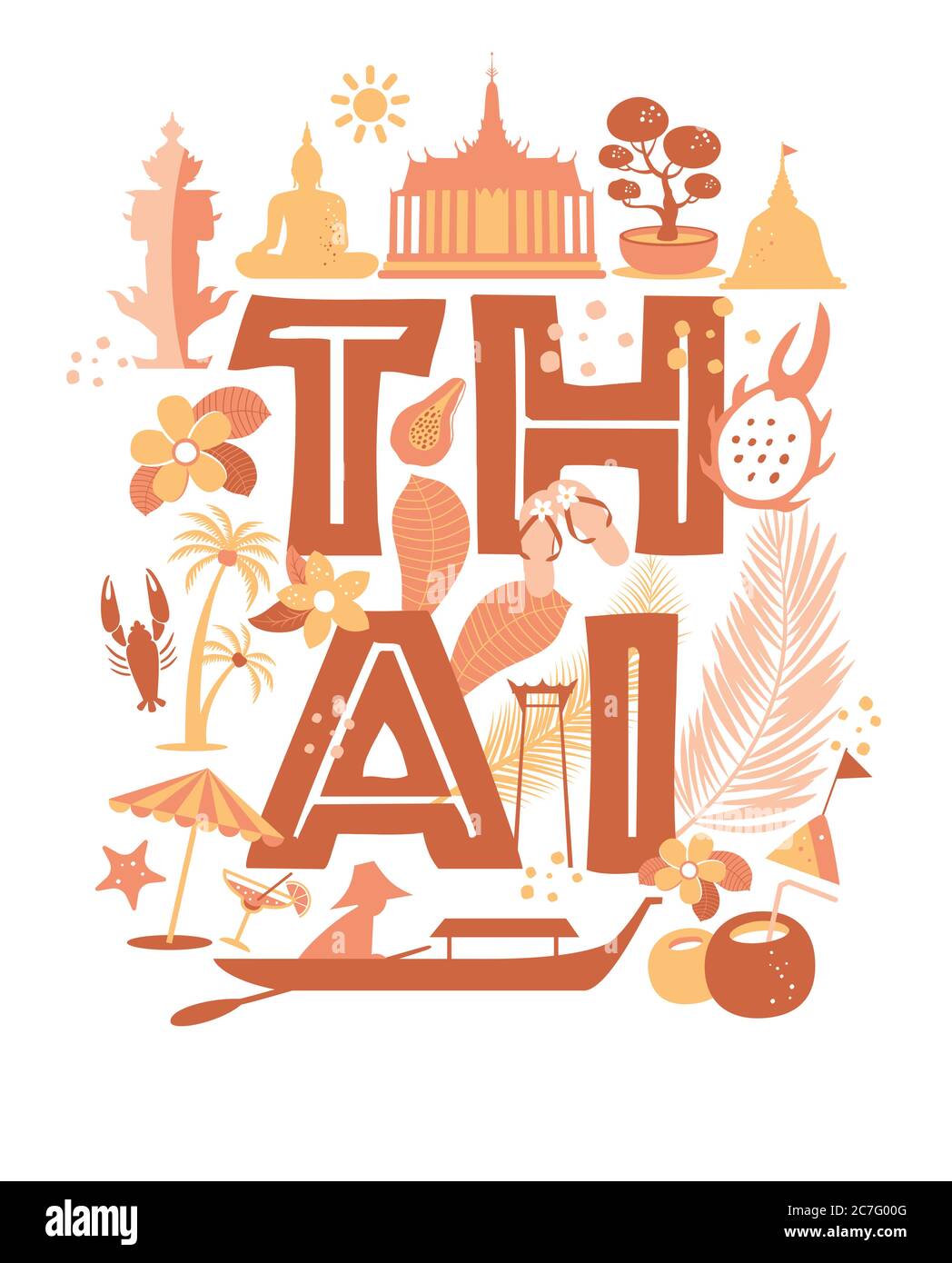 Collection of Thailand symbols. Vector poster. postcard in trend color ...
