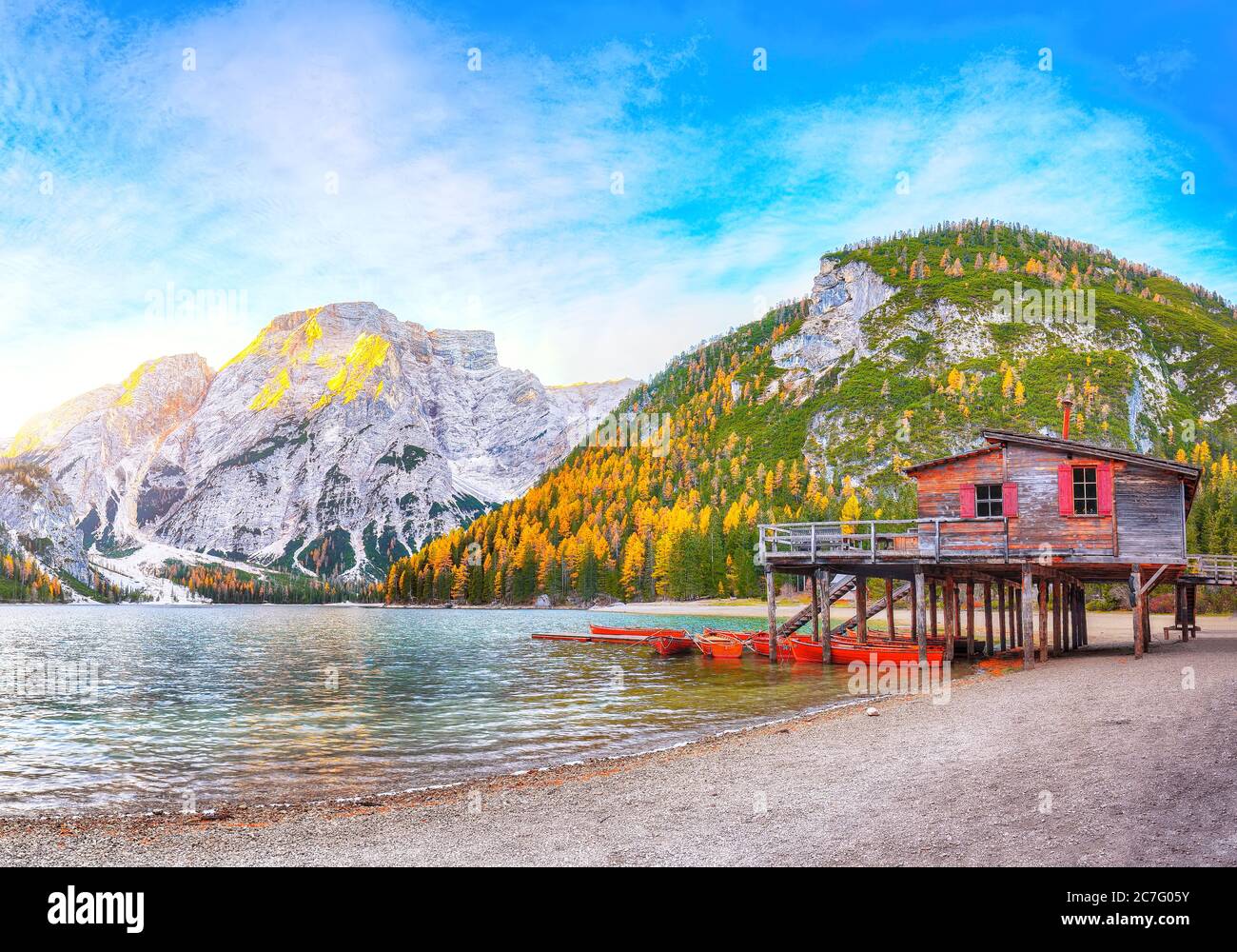 Marvelous scenery of famous alpine lake Braies at autumn. Location ...