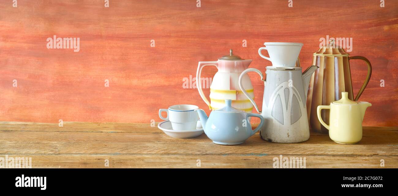 vintage coffee pots, good copy space Stock Photo - Alamy