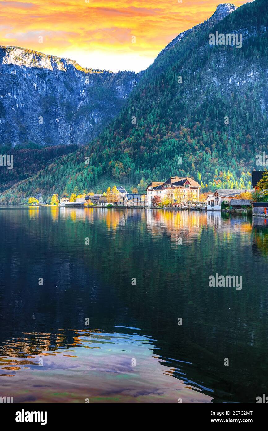 Scenic view of famous Hallstatt mountain village with Hallstatter lake ...