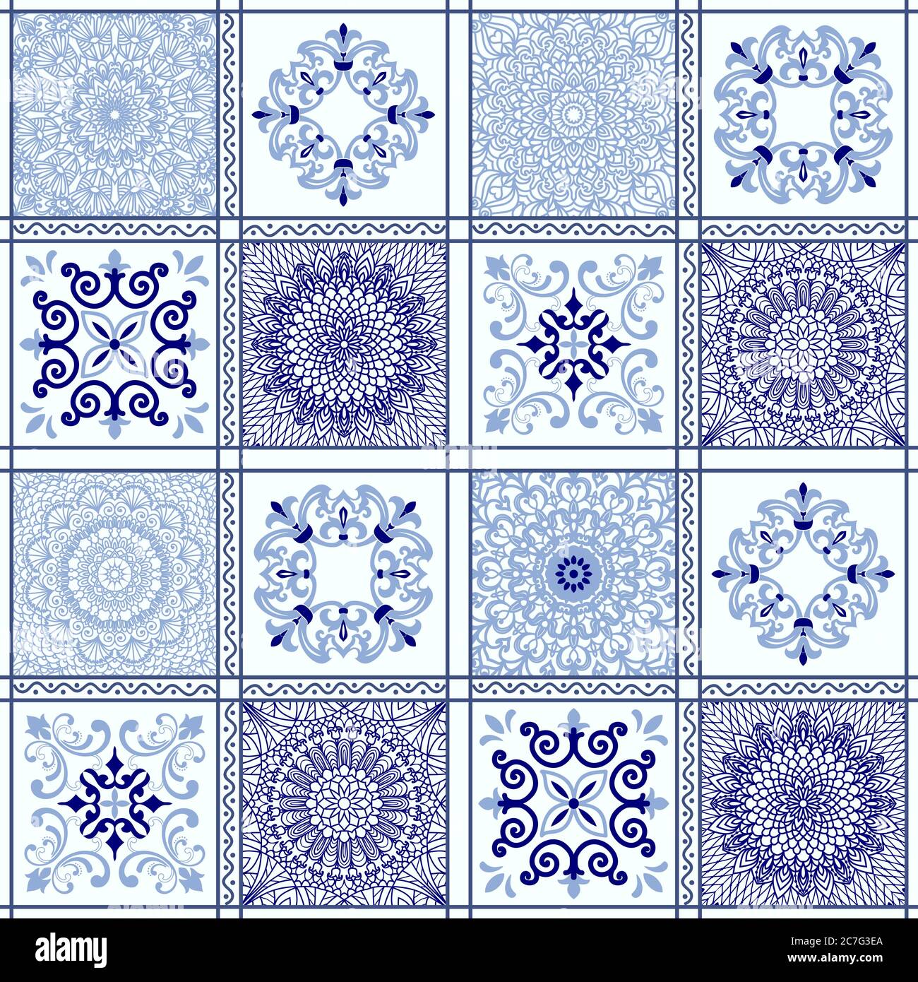 Seamless patchwork tile with Victorian motives. Majolica pottery tile ...
