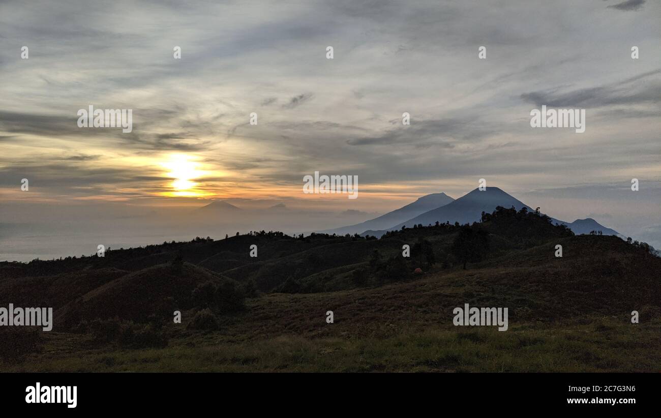 Beautiful sunrise in the Prau Mountain of Central Java, Indonesia Stock ...