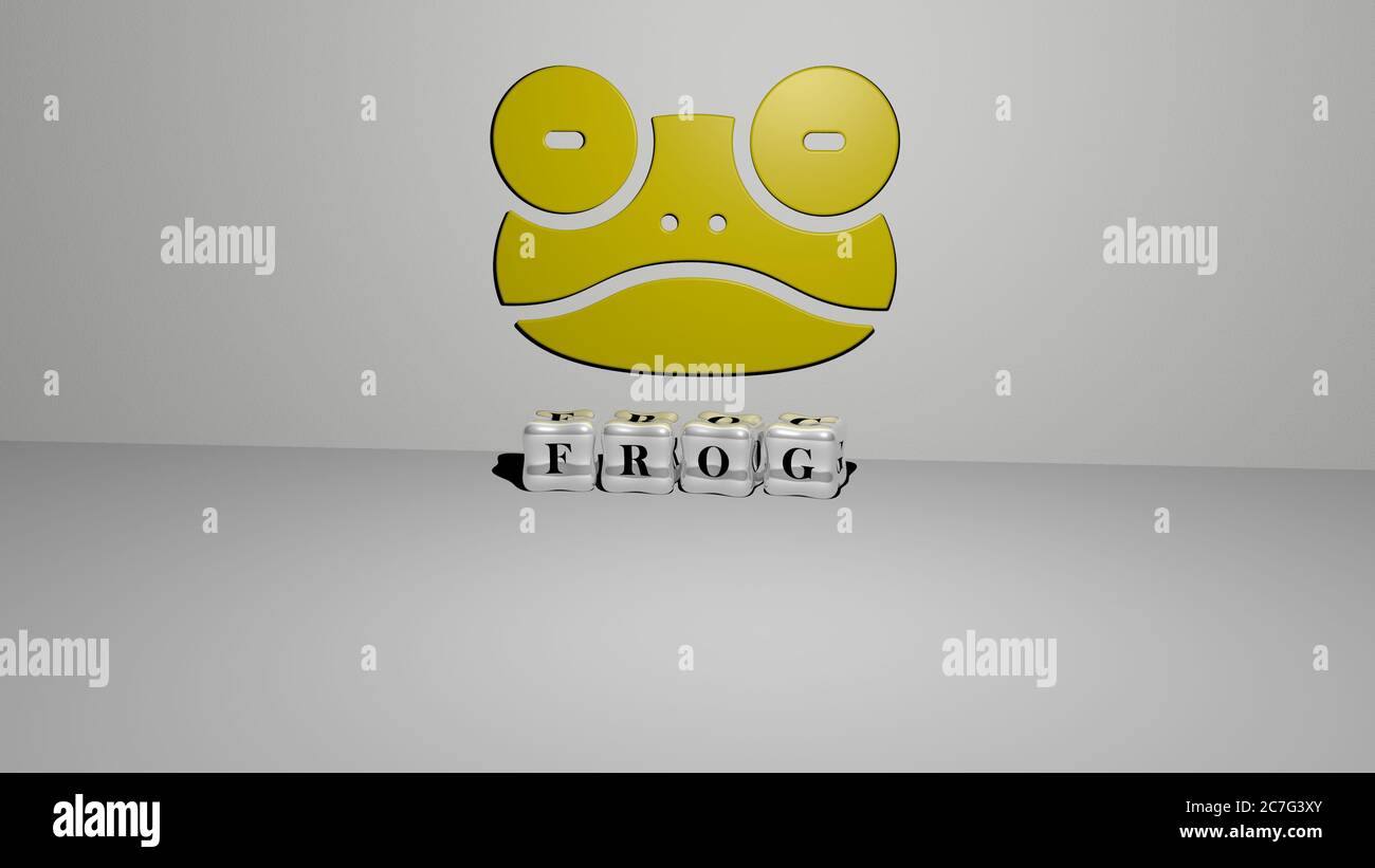 3D illustration of frog graphics and text made by metallic dice letters ...