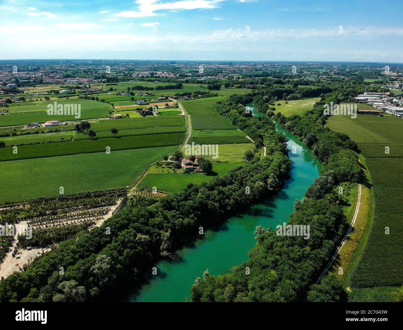 Italy, Veneto region, aerial view of Brenta river, near Limena village ...