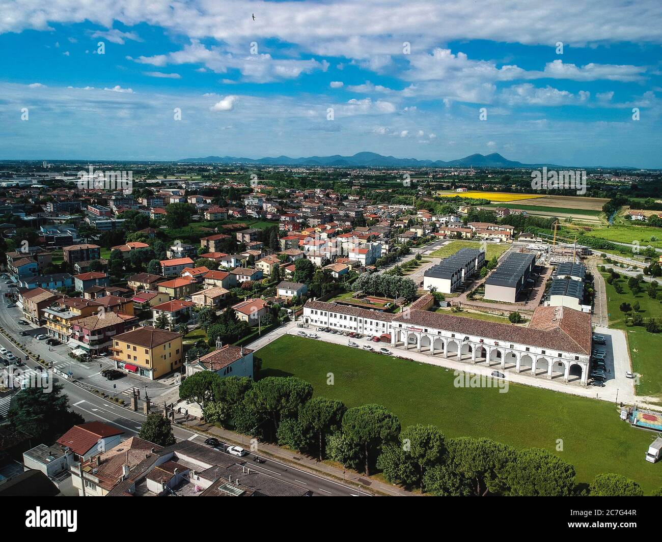 Italy, Veneto region, Limena village (Padua), aerial view Barchessa of ...