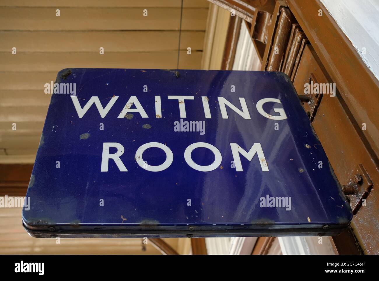 Close-up view of an old metal British Railway waiting room sign seen ...