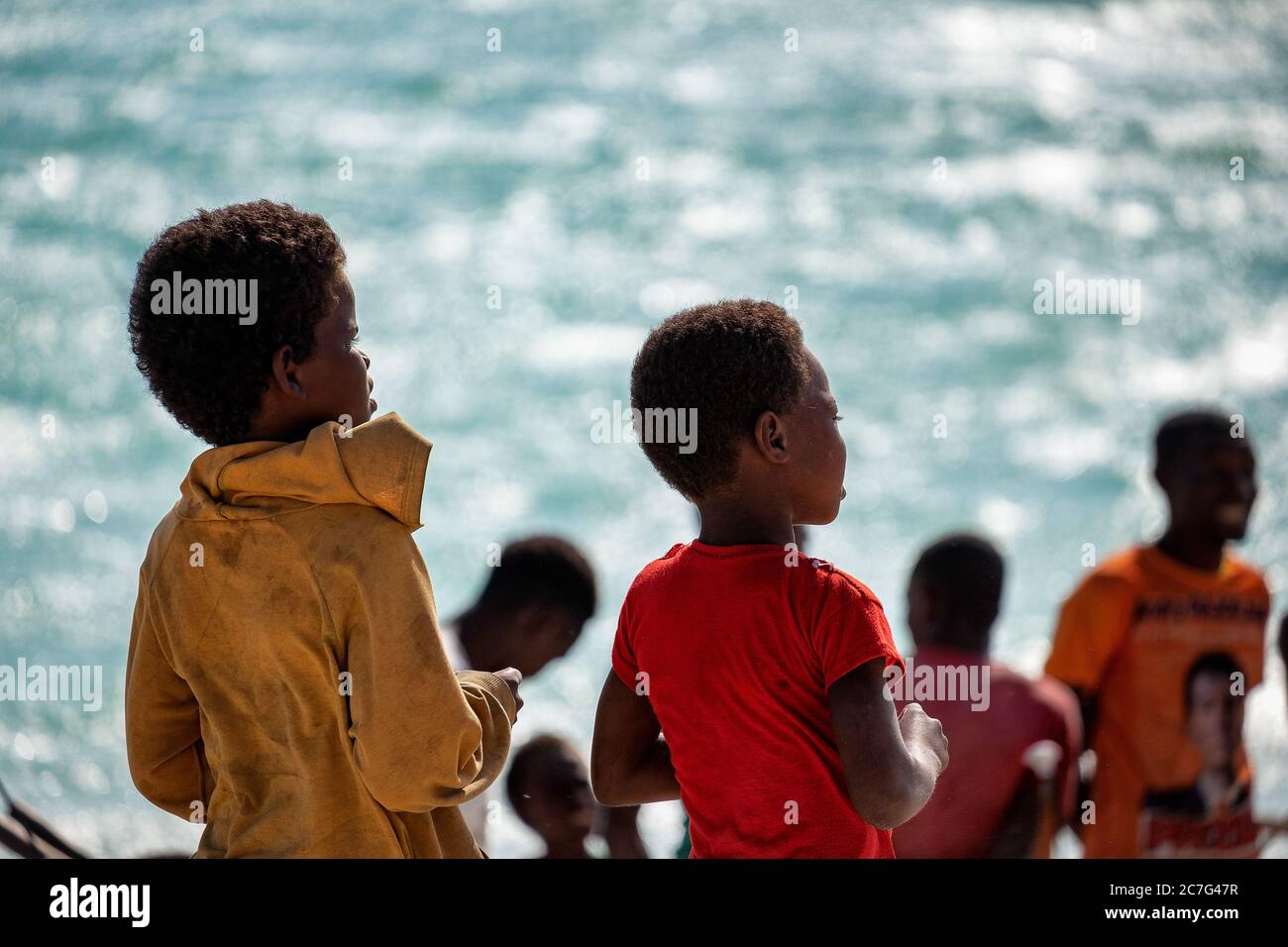AMBATOMILO, MADAGASCAR - Aug 15, 2019: Two kids on the beach of ...