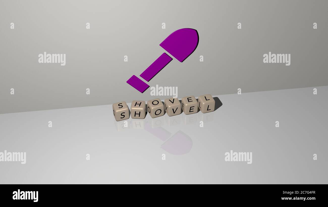 3D illustration of shovel graphics and text made by metallic dice ...