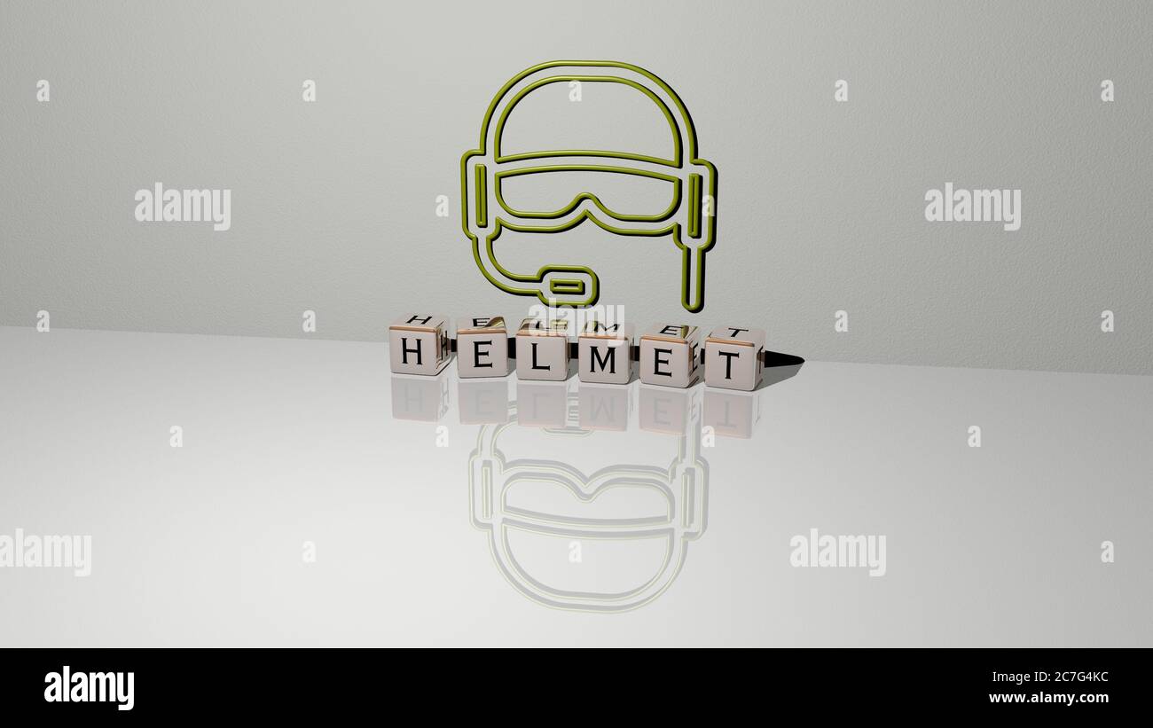 3D illustration of helmet graphics and text made by metallic dice ...