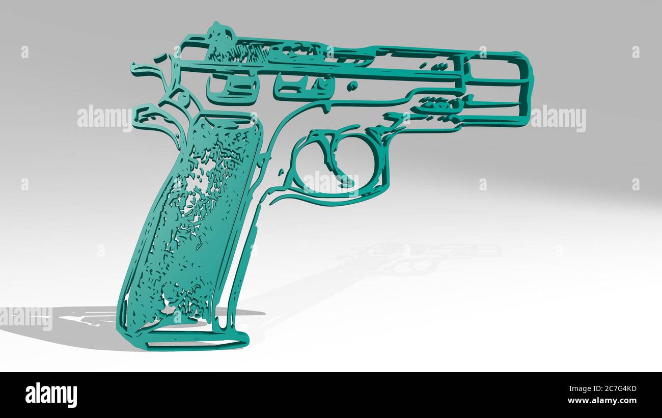 GUN made by 3D illustration of a shiny metallic sculpture with the ...