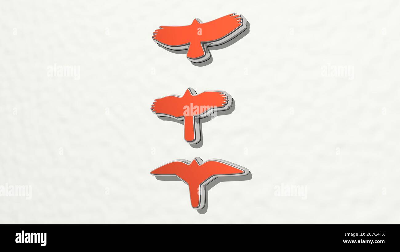 bird on the wall. 3D illustration of metallic sculpture over a white ...