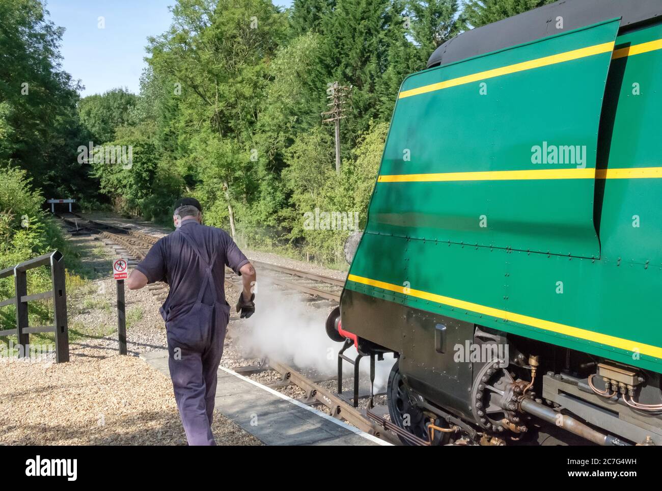 Close-up view of a restored British steam locomotive, showing the front ...