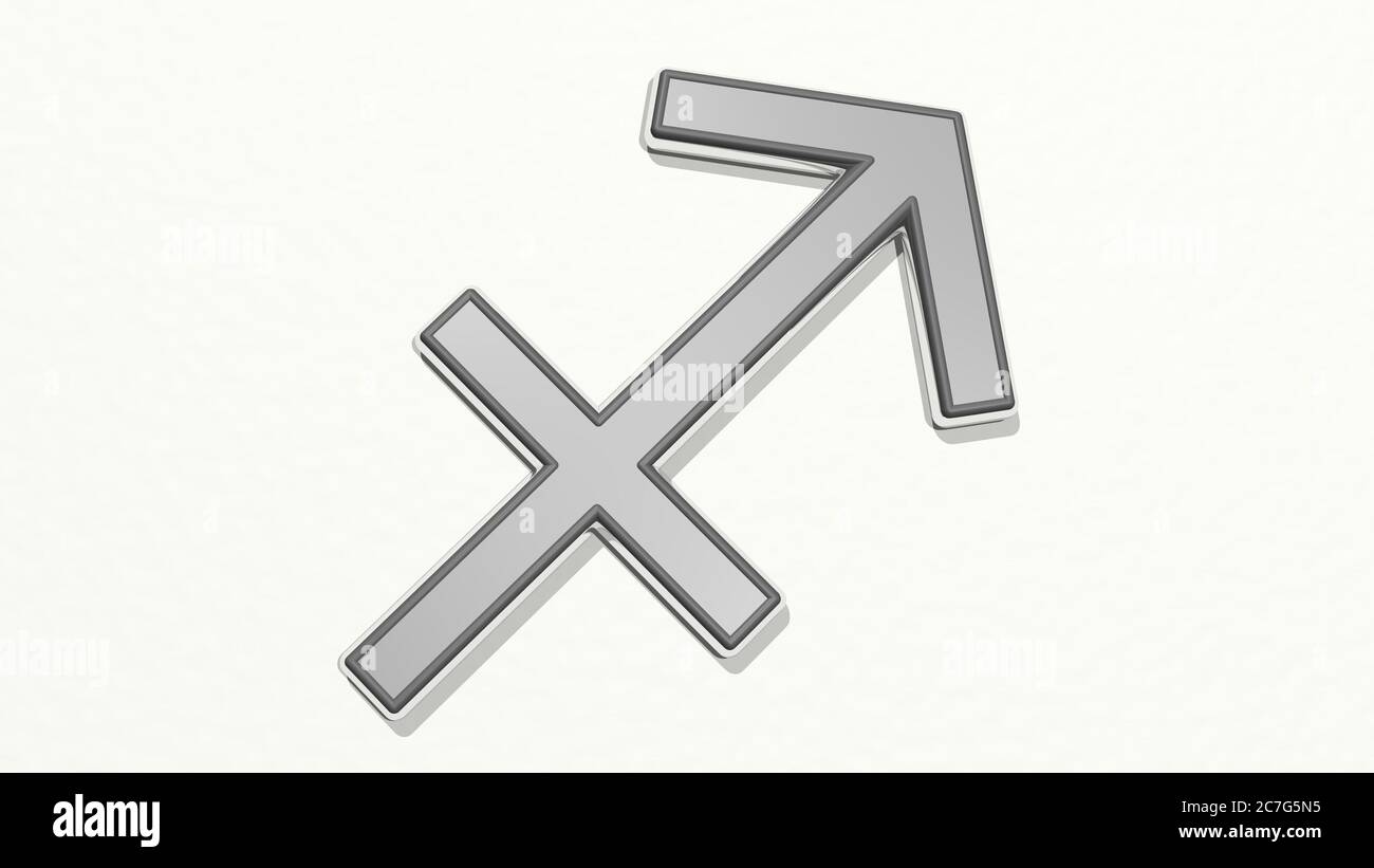 plus and arrow sign on the wall. 3D illustration of metallic sculpture ...