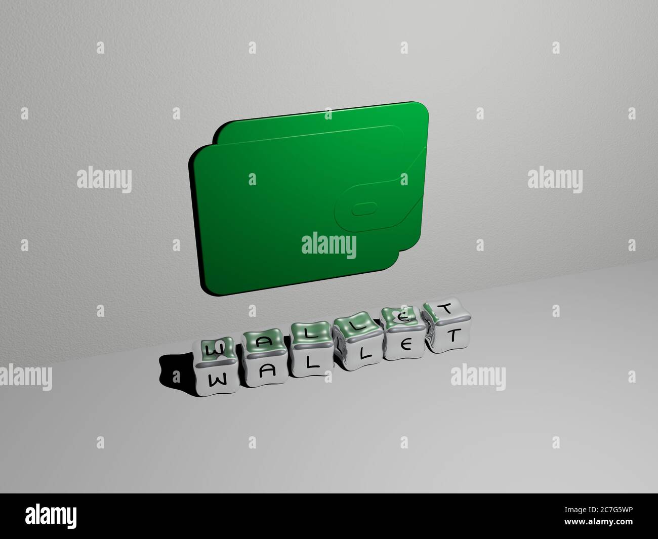 3D representation of wallet with icon on the wall and text arranged by ...