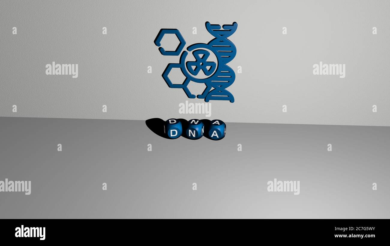 3D graphical image of dna vertically along with text built by metallic ...